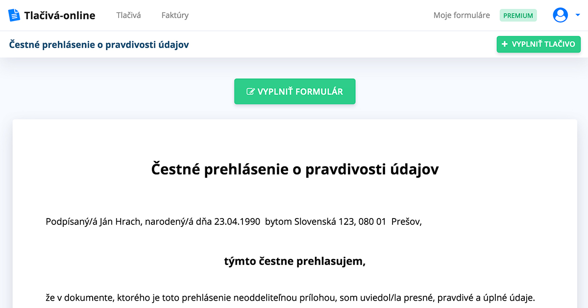 ČESTNÉ PREHLÁSENIE O PRAVDIVOSTI ÚDAJOV - VZOR