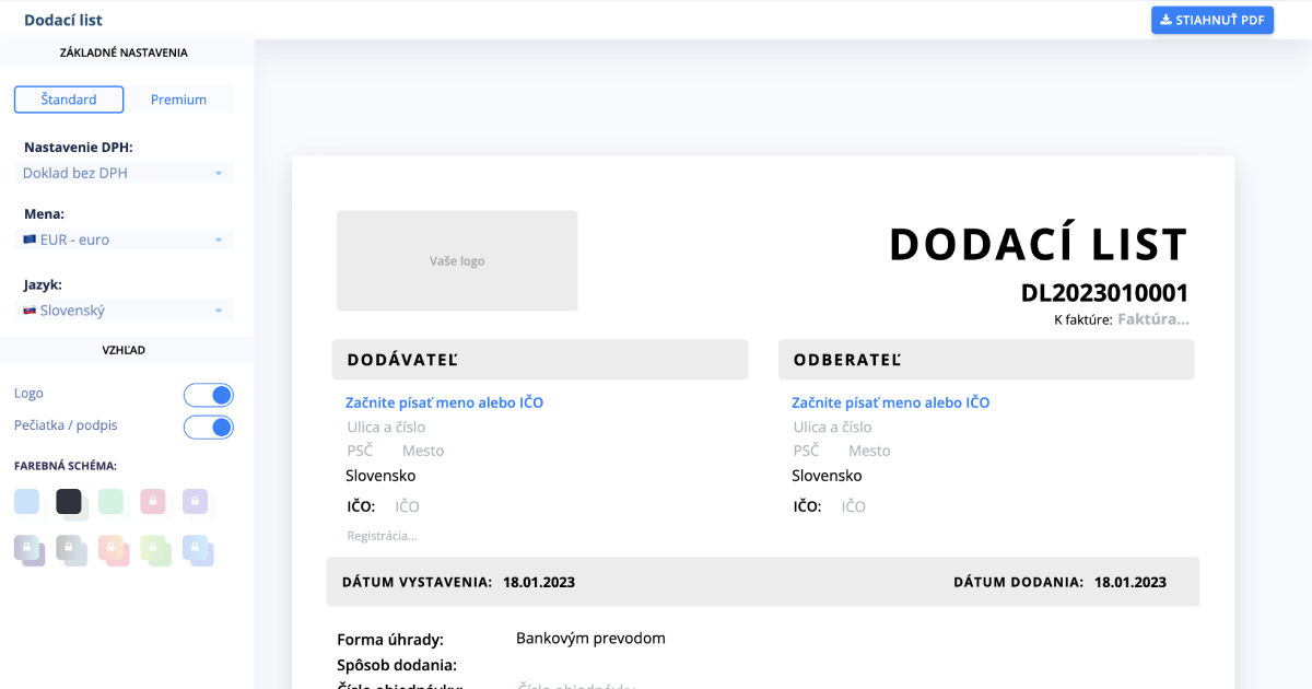 Dodací list online - Vzor