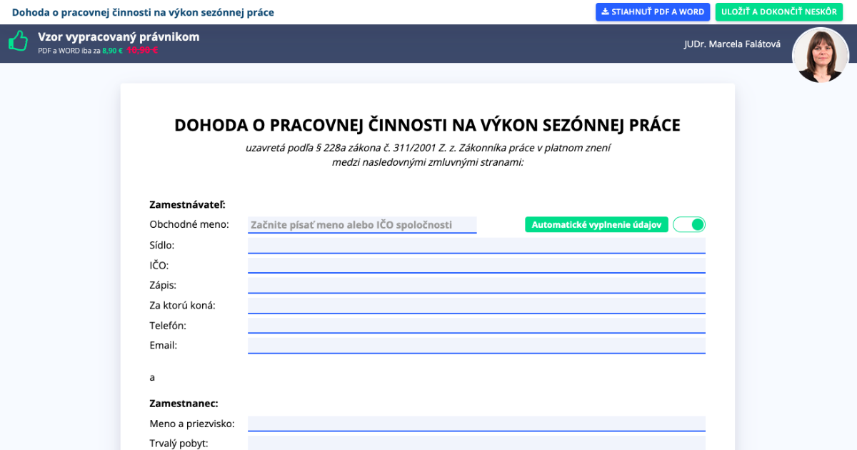 DOHODA O PRACOVNEJ ČINNOSTI NA VÝKON SEZÓNNEJ PRÁCE - 2024