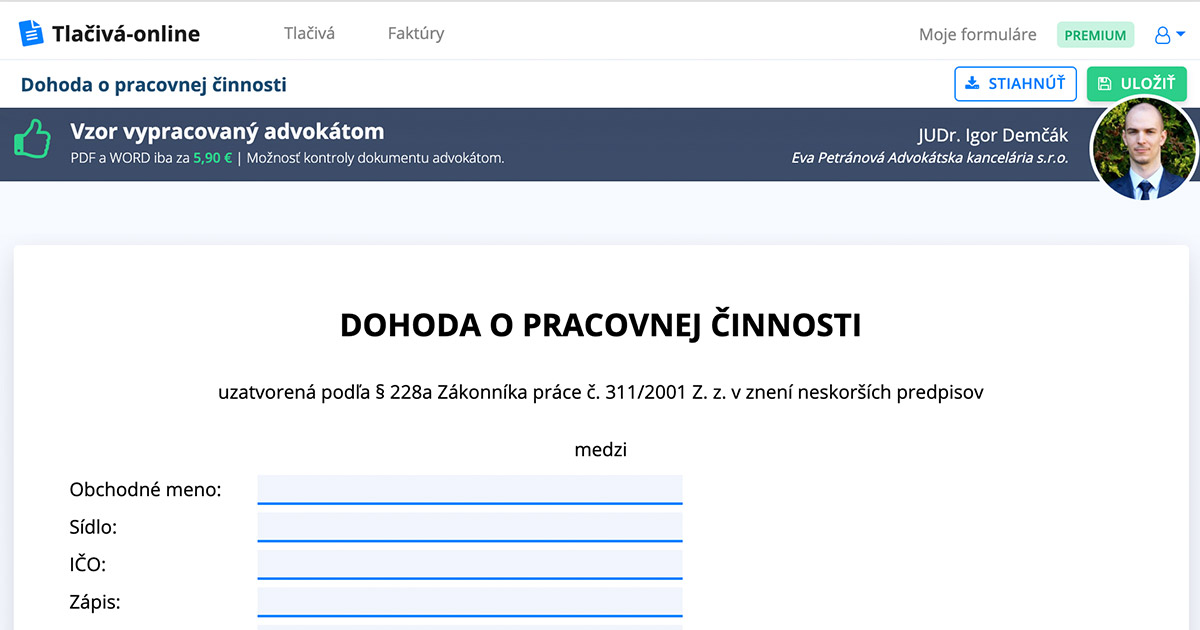 DOHODA O PRACOVNEJ ČINNOSTI - Vyplňte si dohodu o pracovnej činnosti