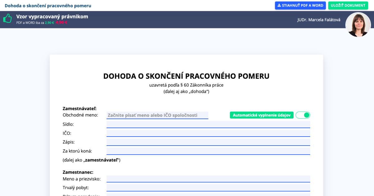 Dohoda o skončení pracovného pomeru 2025 - Vzor