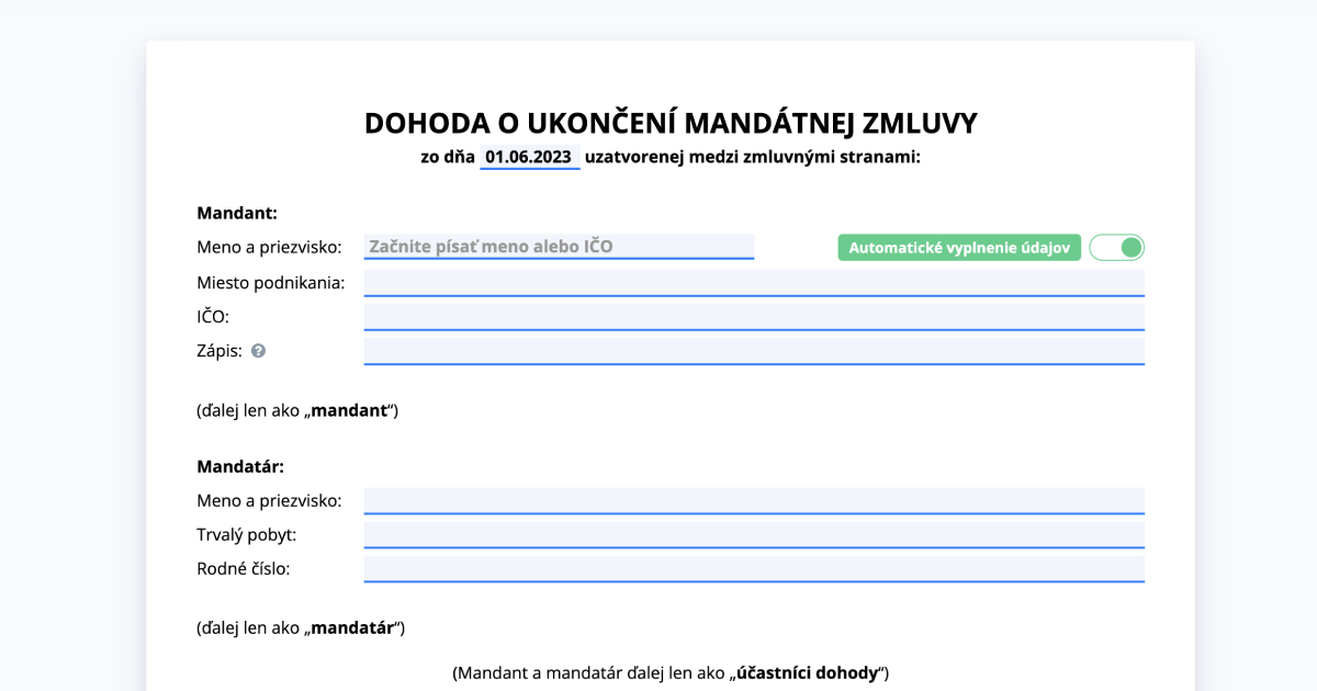 Dohoda o ukončení mandátnej zmluvy 2025 - VZOR