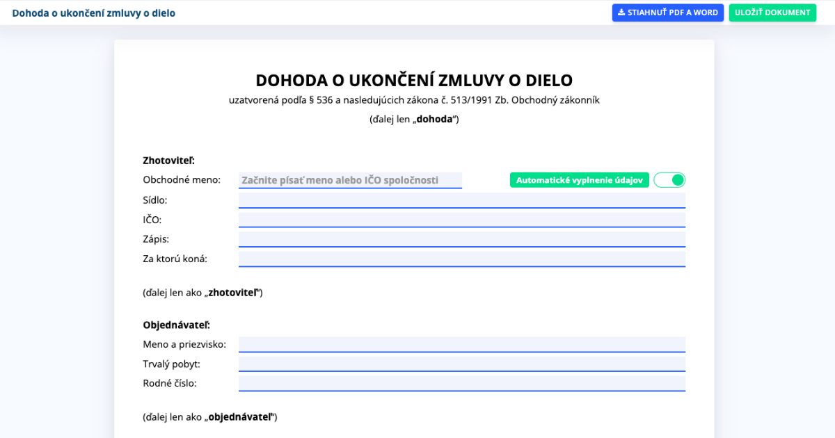 Dohoda o ukončení zmluvy o dielo 2025 - VZOR od právnika