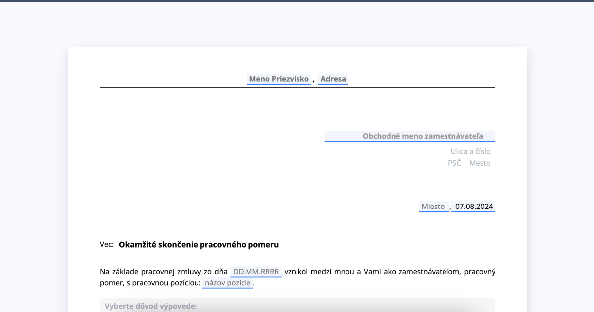 Okamžitá výpoveď zo strany zamestnanca - VZOR 2025