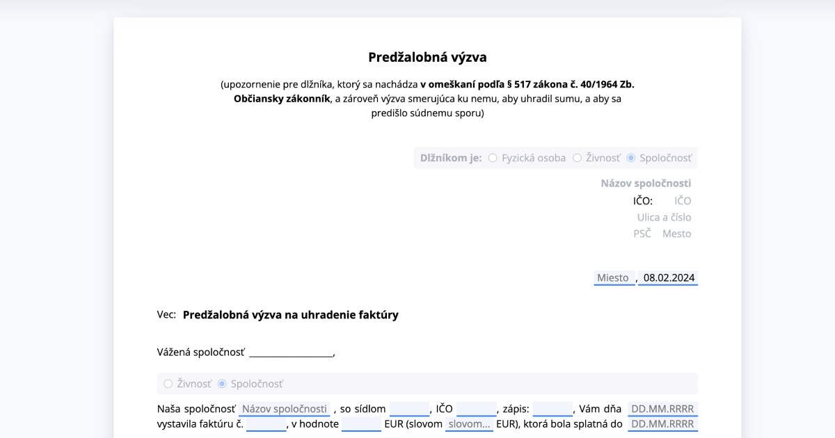 Predžalobná výzva na uhradenie faktúry - VZOR