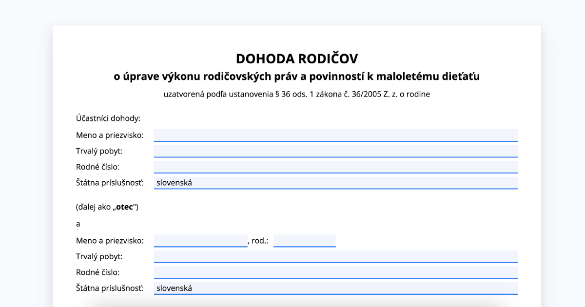 RODIČOVSKÁ DOHODA - Vzor od právnika 2025